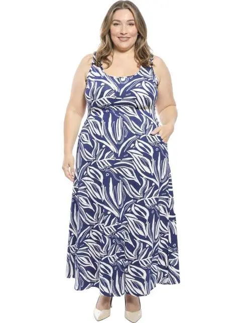 24SEVEN COMFORT APPAREL Abstract Sleeveless Scoop Neck A-line Pocket Maxi Dress - Navy Multi