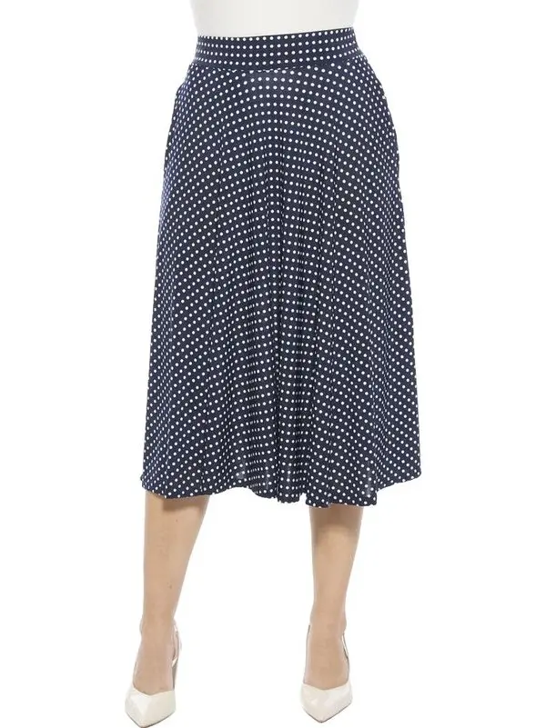 24SEVEN COMFORT APPAREL Polka Dot A-line Midi Skirt - Navy Multi