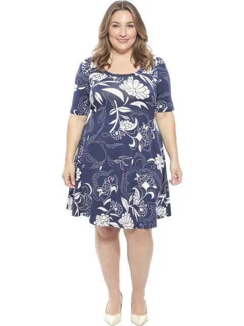 24SEVEN COMFORT APPAREL Floral Print A-line Midi Dress - Navy Multi