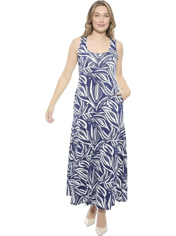 24SEVEN COMFORT APPAREL Abstract Sleeveless Scoop Neck A-line Maxi Dress - Navy Multi