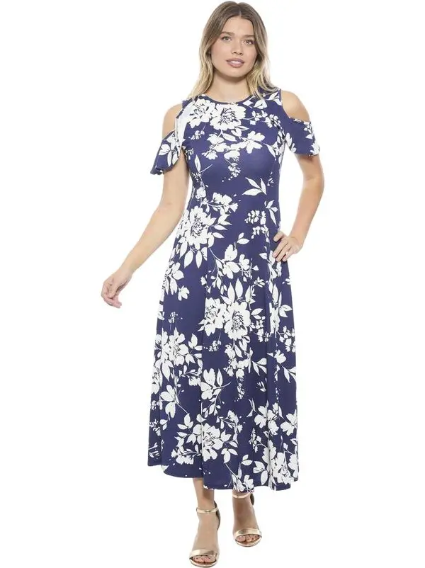 24SEVEN COMFORT APPAREL Floral Ruffle Sleeve Cold Shoulder A-line Maxi Dress - Navy Multi
