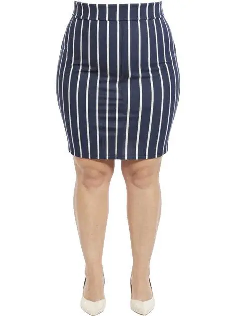 24SEVEN COMFORT APPAREL Striped Elastic Waist Knee Length Pencil Skirt - Navy Multi