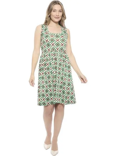 24SEVEN COMFORT APPAREL Geometric Sleeveless Fit N Flare A-line Knee Length Dress - Green Multi