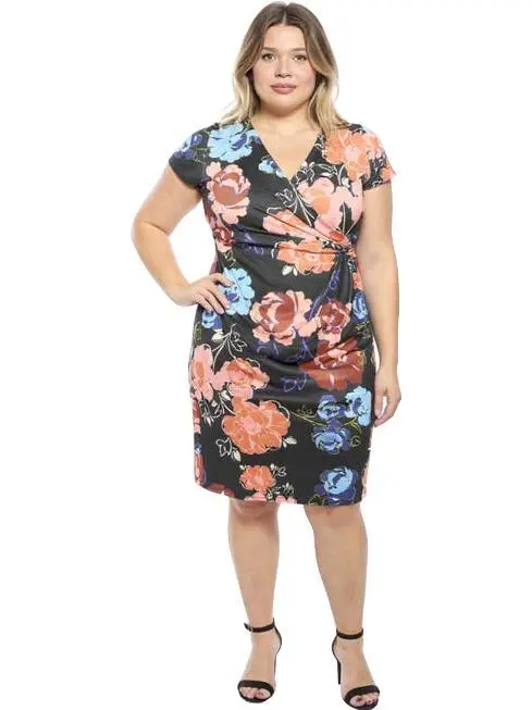 24SEVEN COMFORT APPAREL Floral V-neck Faux Wrap Knee Length Dress - Black Multi