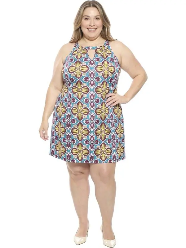 24SEVEN COMFORT APPAREL Floral Paisley Keyhole Knee Length Dress - Blue Multi
