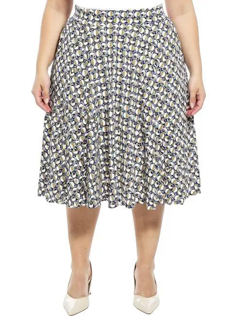 24SEVEN COMFORT APPAREL Geometric Print Elastic Waist A-line Midi Skirt - Green Multi