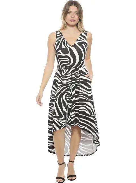 24SEVEN COMFORT APPAREL Zebra Print Sleeveless High-low Midi Dress - Black Multi