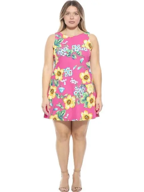 24SEVEN COMFORT APPAREL Floral Round Neck A-line Mini Shift Dress - Pink Multi