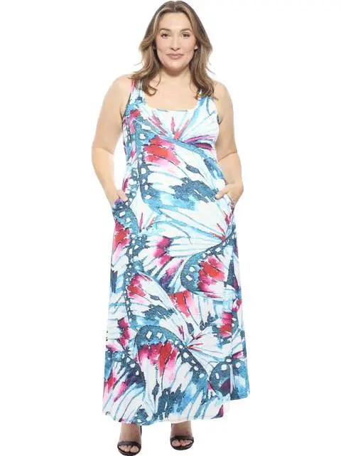 24SEVEN COMFORT APPAREL Butterfly Sleeveless Scoop Neck A-line Pocket Maxi Dress - Blue Multi