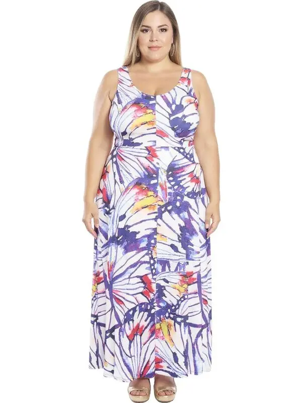 24SEVEN COMFORT APPAREL Butterfly Print Sleeveless Maxi Dress - Purple Multi