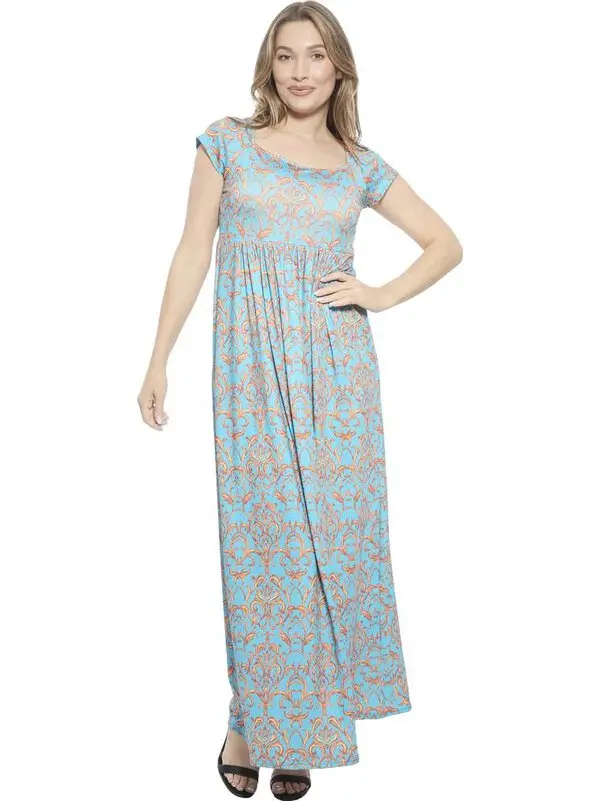 24SEVEN COMFORT APPAREL Abstract Square Neck Pleated A-line Maxi Dress - Blue Multi