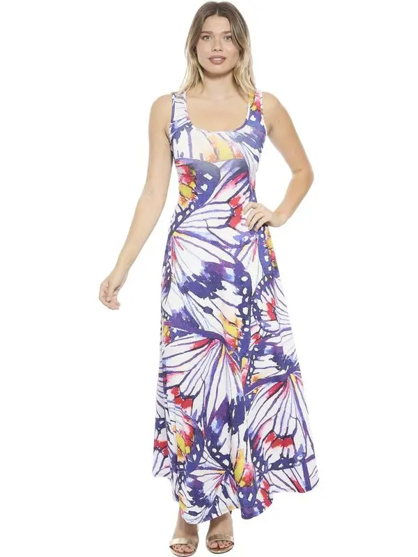 24SEVEN COMFORT APPAREL Butterfly Print A-line Maxi Dress - White Multi