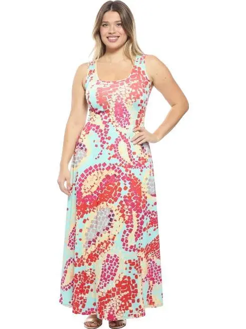 24SEVEN COMFORT APPAREL Abstract Scoop Neck Sleeveless A-line Maxi Dress - Blue Multi