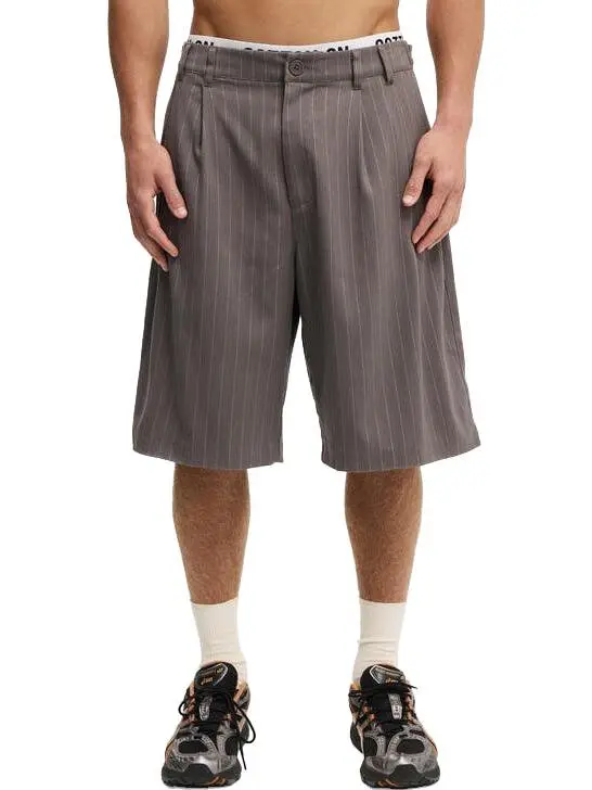 COTTON ON Super Baggy Pleated Short - Charcoal Pinstripe