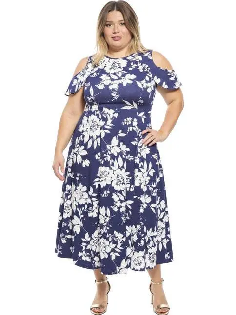 24SEVEN COMFORT APPAREL Floral Ruffle Sleeve Cold Shoulder A-line Maxi Dress - Navy Multi
