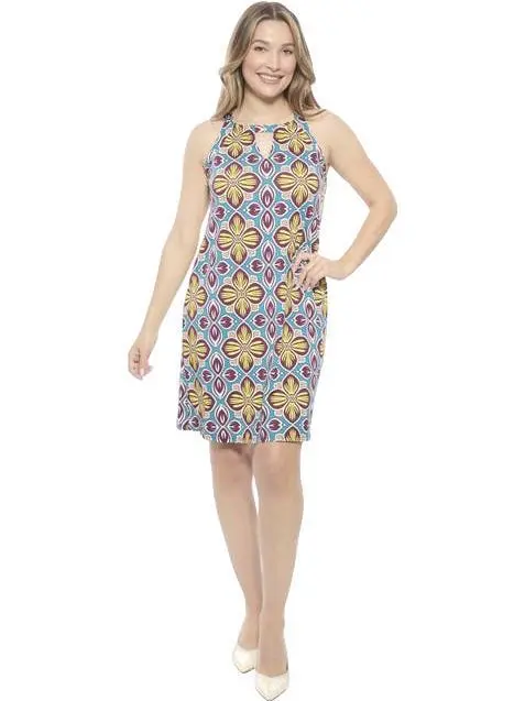 24SEVEN COMFORT APPAREL Printed Sleeveless Keyhole Dress - Blue Multi