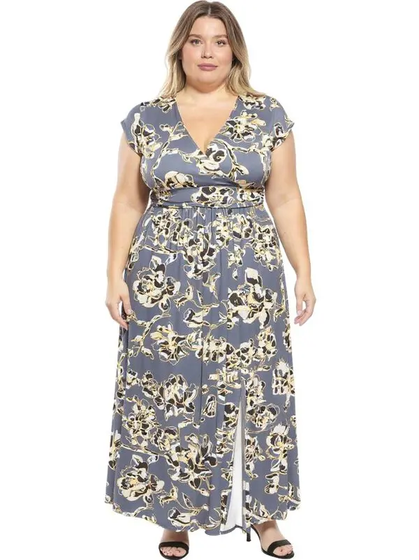 24SEVEN COMFORT APPAREL Floral V-neck Cap Sleeve Maxi Dress With Pocket - Grey Multi
