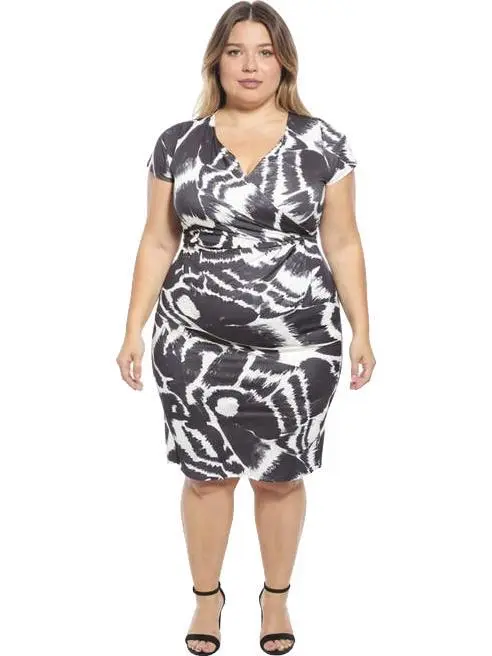 24SEVEN COMFORT APPAREL Abstract Print Faux Wrap Dress - Black Multi