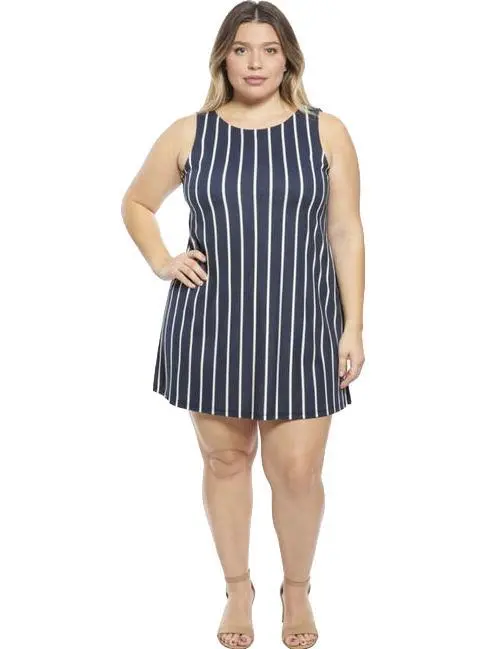 24SEVEN COMFORT APPAREL Striped A-line Mini Shift Dress - Navy Multi