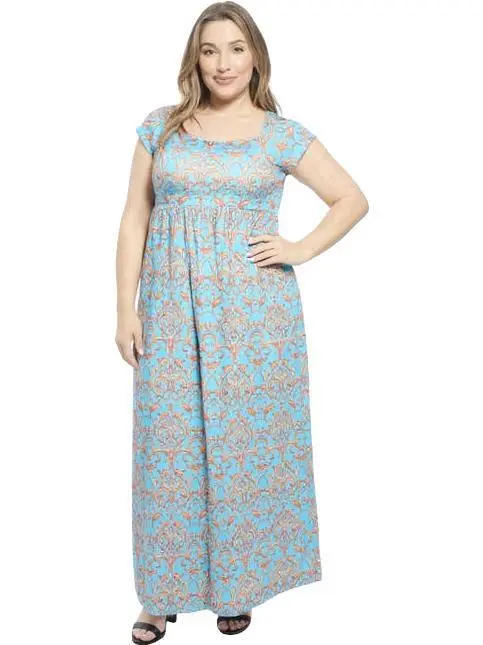 24SEVEN COMFORT APPAREL Abstract Square Neck Cap Sleeve Pleated A-line Maxi Dress - Blue Multi