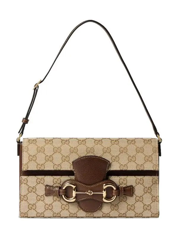 Gucci Horsebit Ristretto Medium Shoulder Bag Gg Canvas - Beige