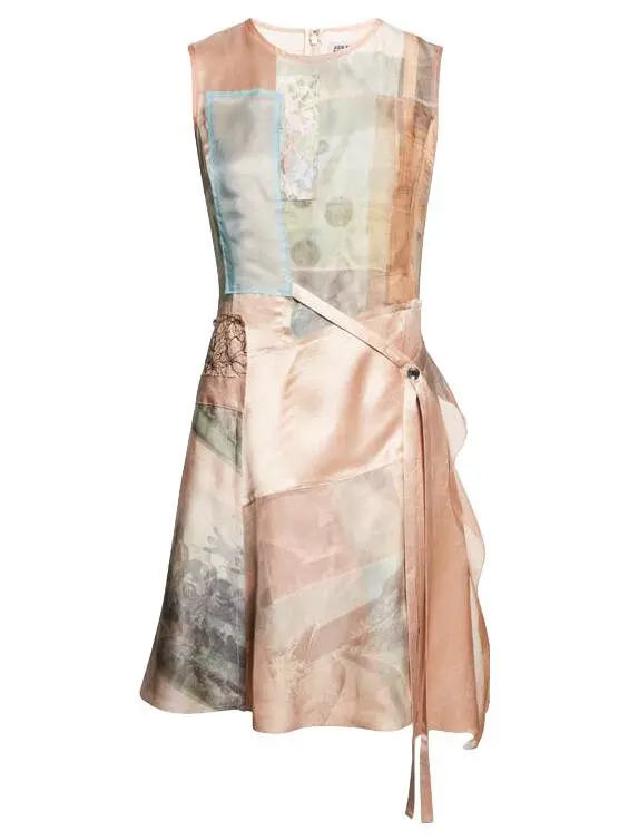 JASON WU Collage Print Crinkled Satin & Organza Minidress - Chalk/plaster