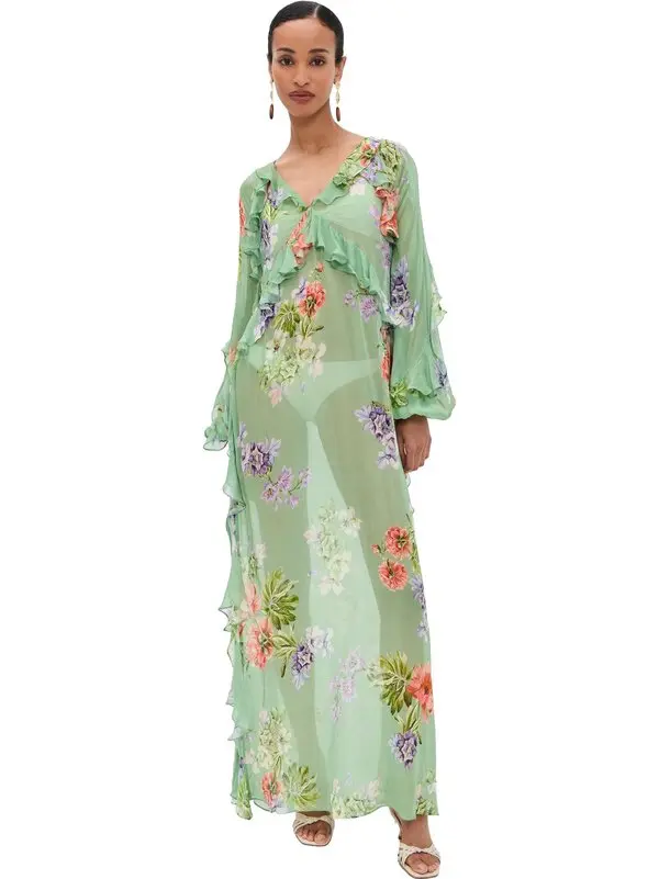 Hemant & Nandita Floral Ruffle Caftan - Green