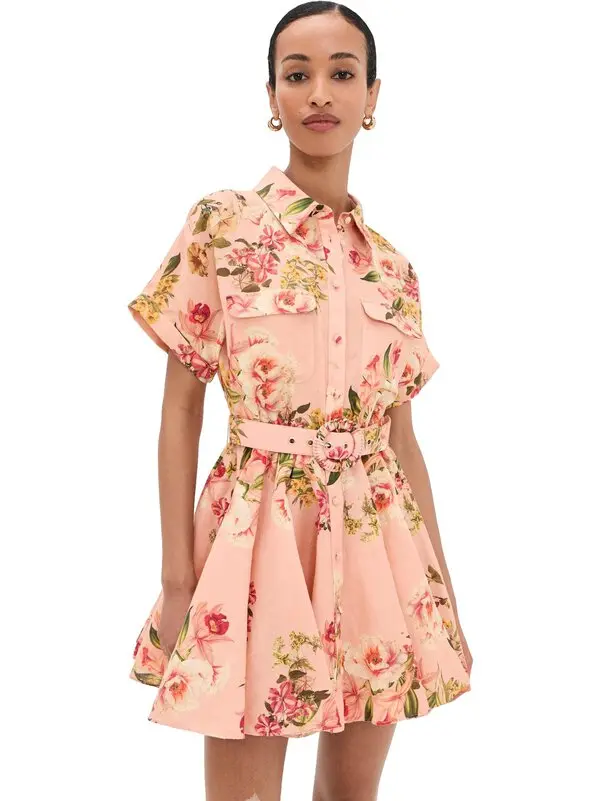 Hemant & Nandita Floral Print Mini Shirtdress With Belt - Peach