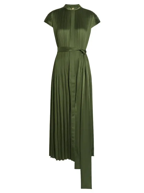 JOSEPH Plissé Belted Satin Midi Dress - Dark Green