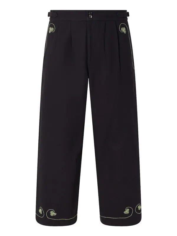BODE Lucky Draw Straight-leg Pleated Embroidered Cotton-twill Trousers - Black