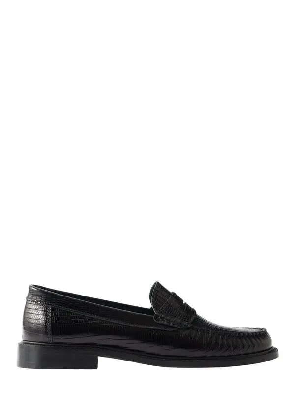 VINNY'S Yardee Lizard-effect Leather Penny Loafers - Black