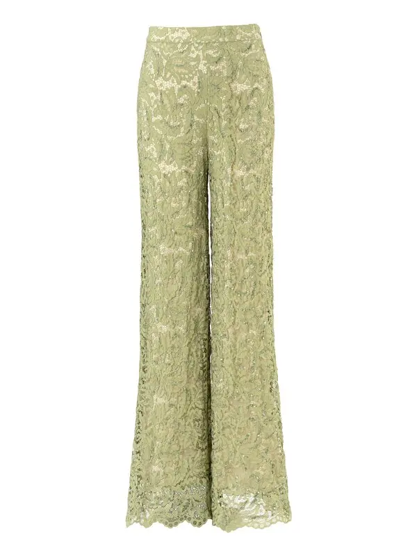 LA FUORI Embroidered Wide-leg Lace Pants - Green