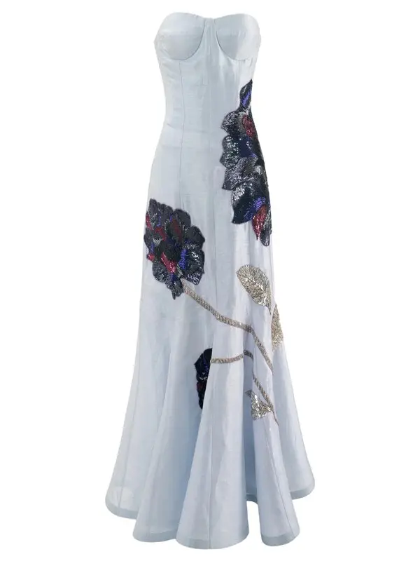 LA FUORI Strapless Floral Appliqué Gown - Blue