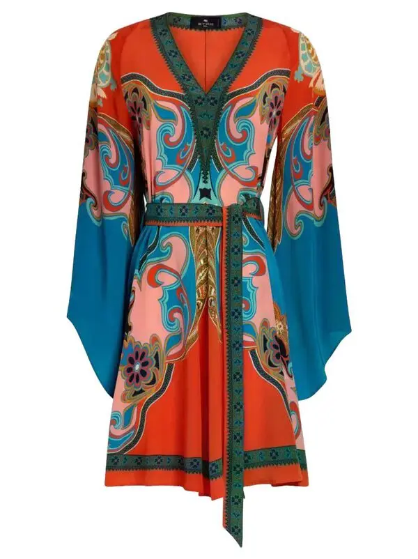 Etro Placed-print Belted Mini Dress - Blue
