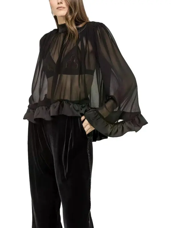NISSA Ruffle-trim Chiffon Top - Black