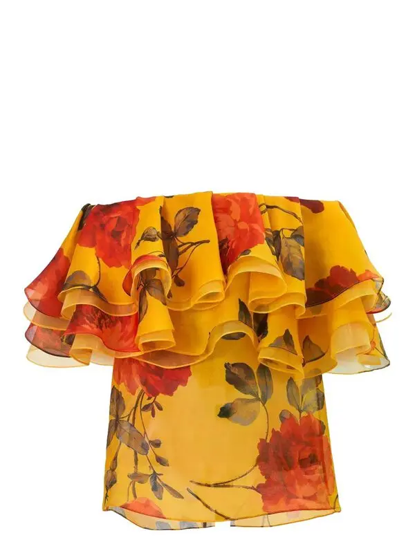 Carolina Herrera Rose-print Organza Off-the-shoulder Ruffle Top - Yellow