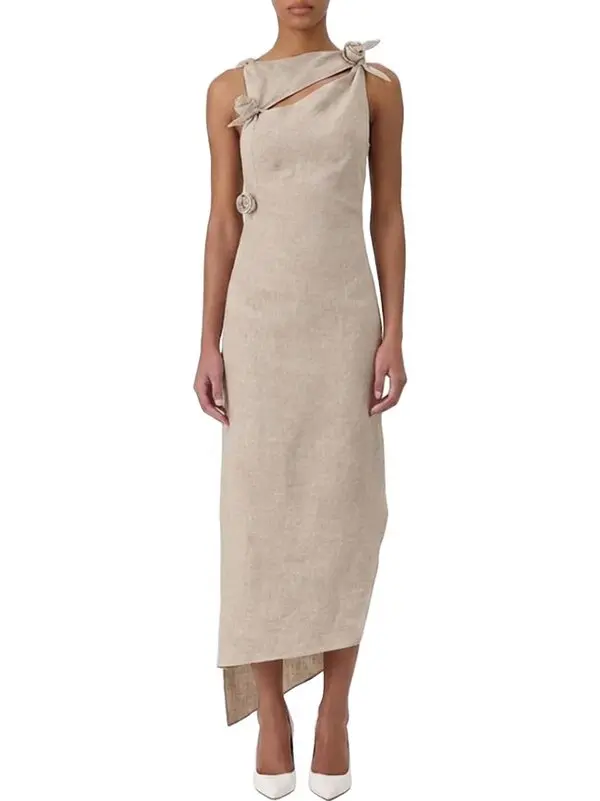 Coperni Asymmetrical Linen Dress With Appliqu - Beige