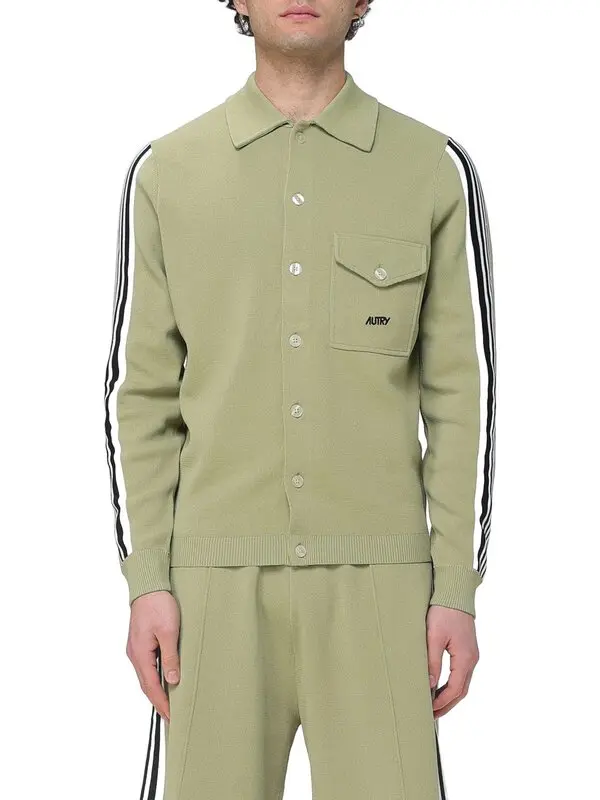 AUTRY Viscose Knit Polo Cardigan With Striped Sleeves - Green