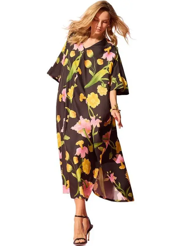 Natori Solene Matte Charmeuse Zip Caftan - Black / Floral / Multicolor