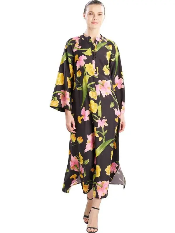 Natori Solene Matte Charmeuse Mandarin Zip Caftan - Black / Floral / Multicolor