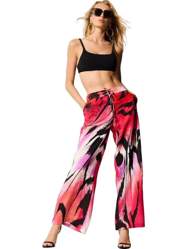 Natori Butterfly Print Linen Blend Pants - Red