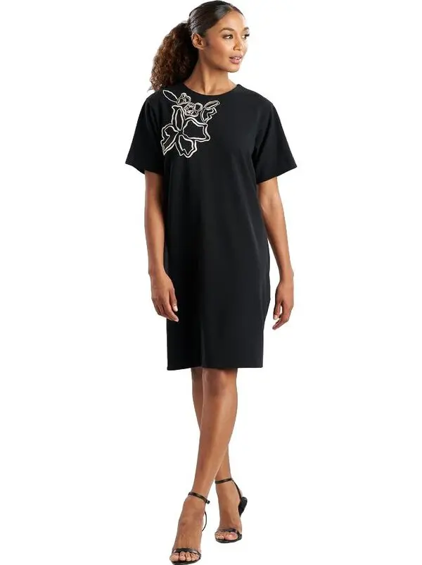 Natori Knit Crepe Embellished Short Sleeve Shift Dress - Black