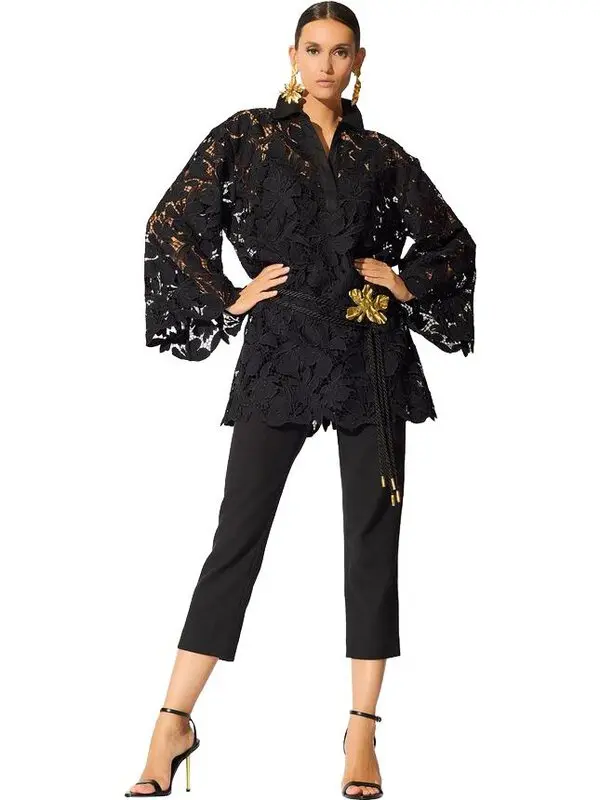 Natori Peony Floral Lace Tunic - Black