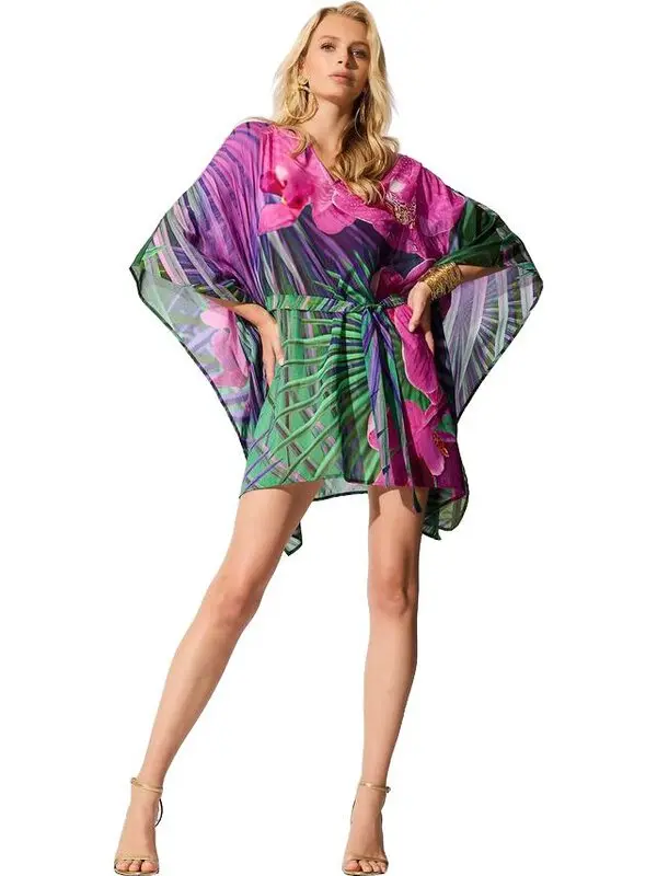 Natori Orchid Silk Cotton Voile Short Caftan - Stripe