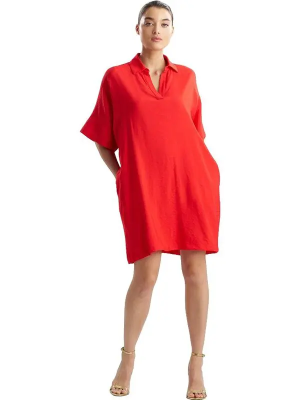 Natori Solid Fluid Twill Short Sleeve Caftan Dress - Orange / Red