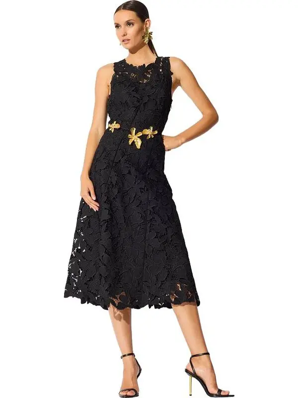 Natori Peony Floral Lace Seam Dress - Black