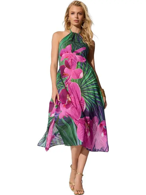 Natori Orchid Silk Cotton Voile Halter Dress - Stripe