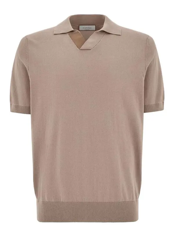 Canali Taupe Cotton Modal Polo Shirt With Leather Details - Beige