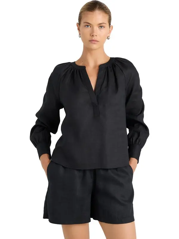 Quince 100% European Linen Peasant Top - Black