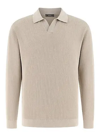 Boggi Milano Long-sleeved Knitted Cotton-blend Polo Shirt - Sand